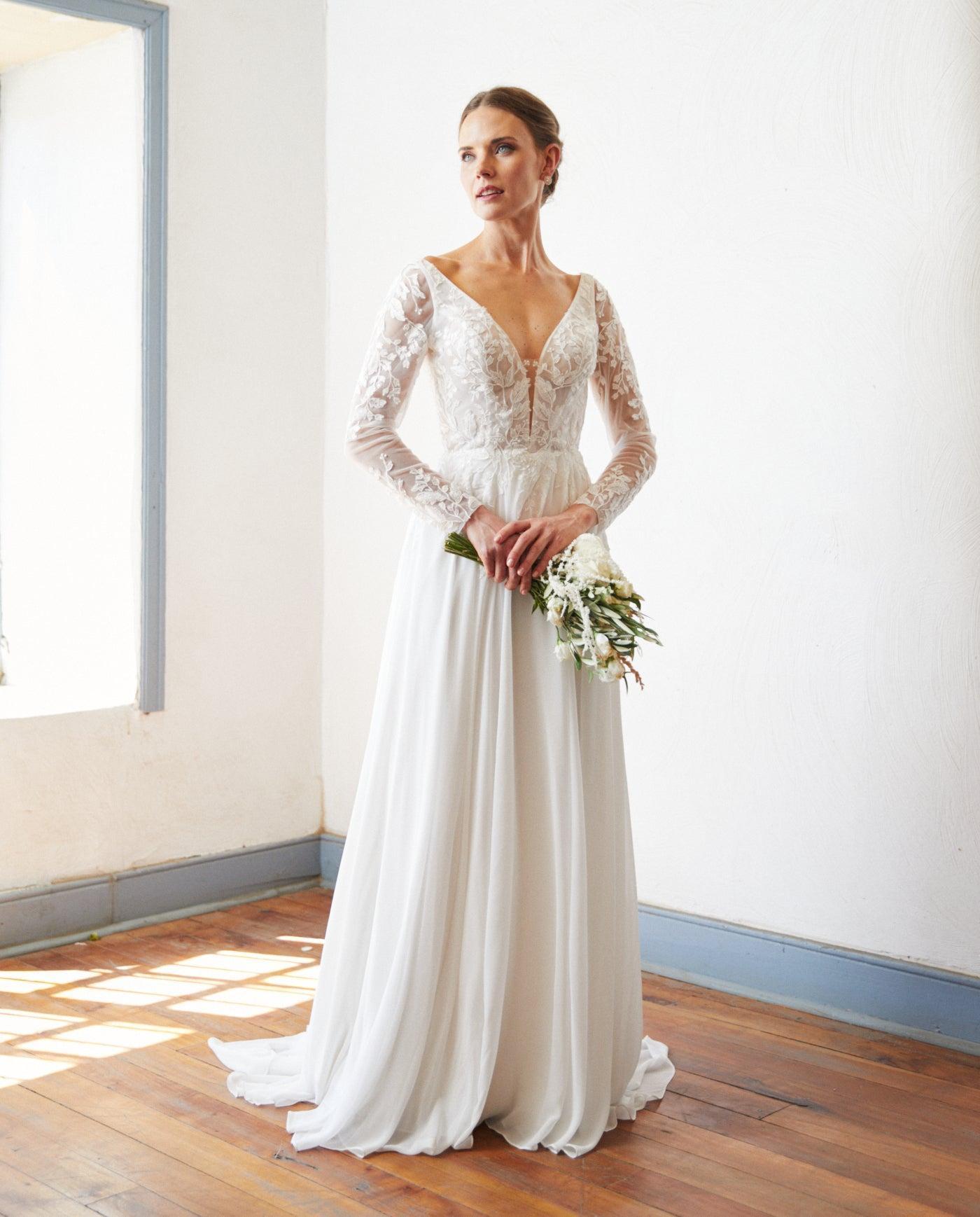 Vestido Largo de Novia Clair Cierre Gasa Ivory – MI PLACARD